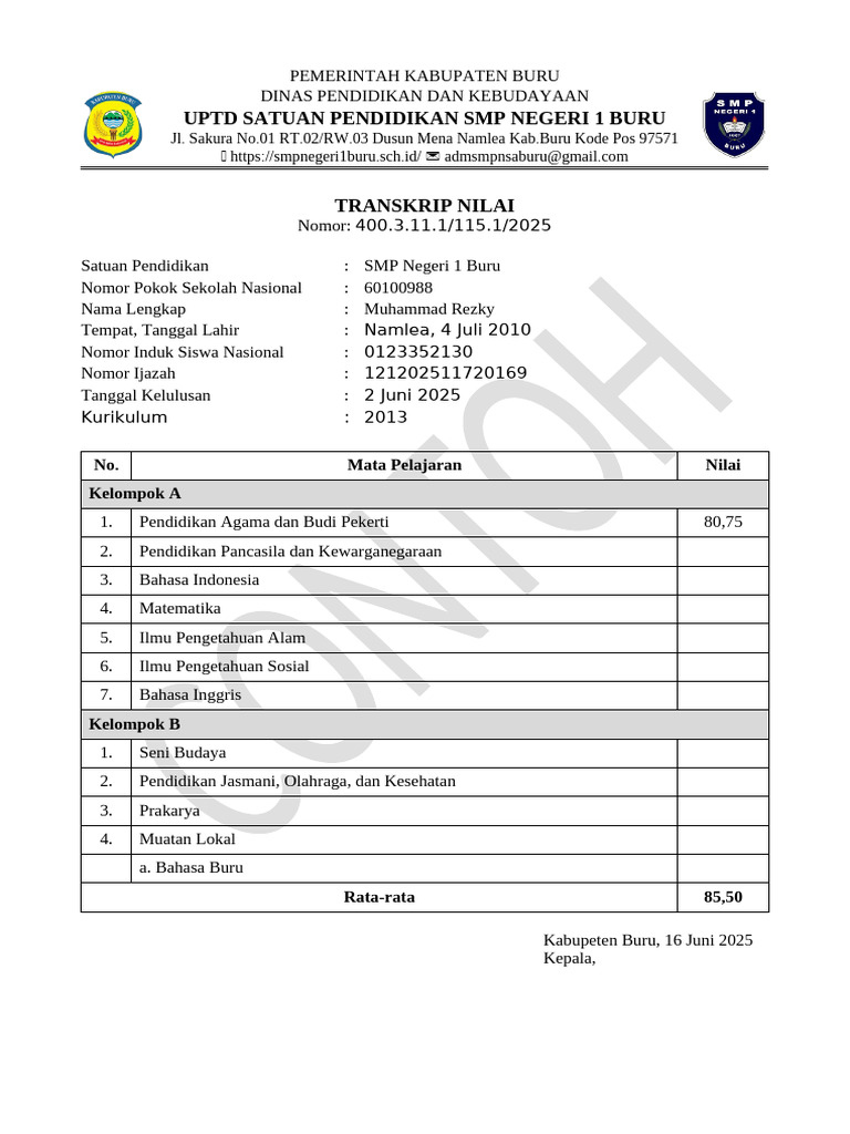 Transkrip Nilai SMP Negeri 1 Buru | PDF