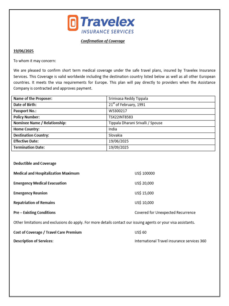 Confirmation of Coverage $60 (Srinivasa Reddy Tippala) | PDF | Office ...
