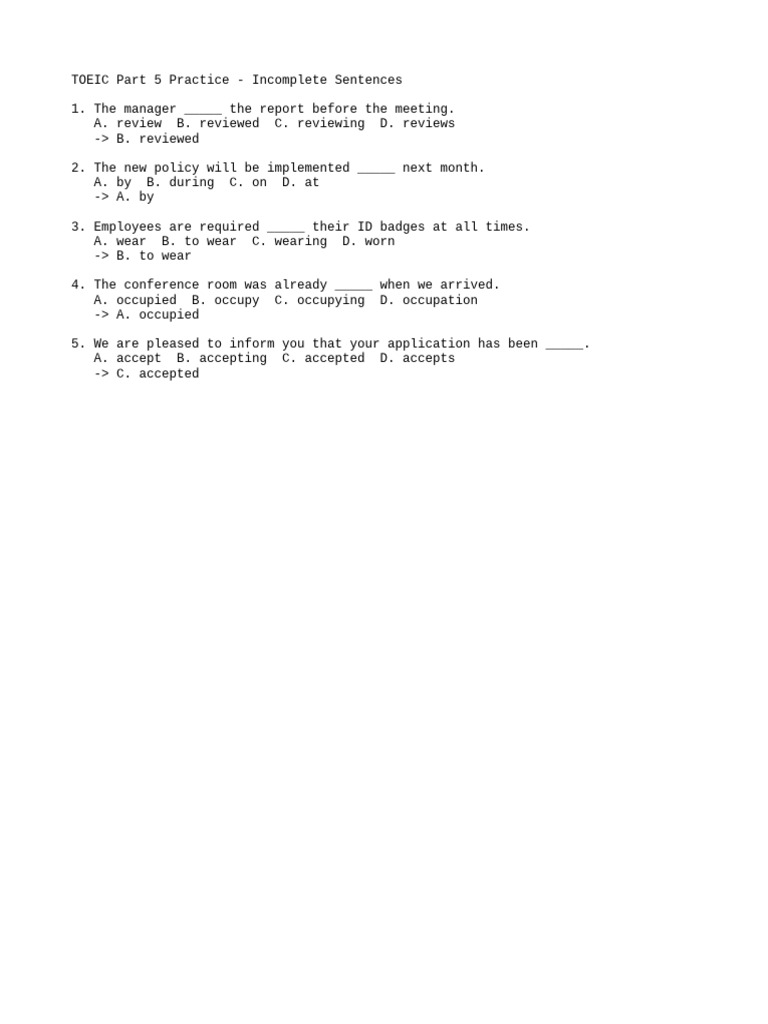 TOEIC Part 5 Practice Questions | PDF