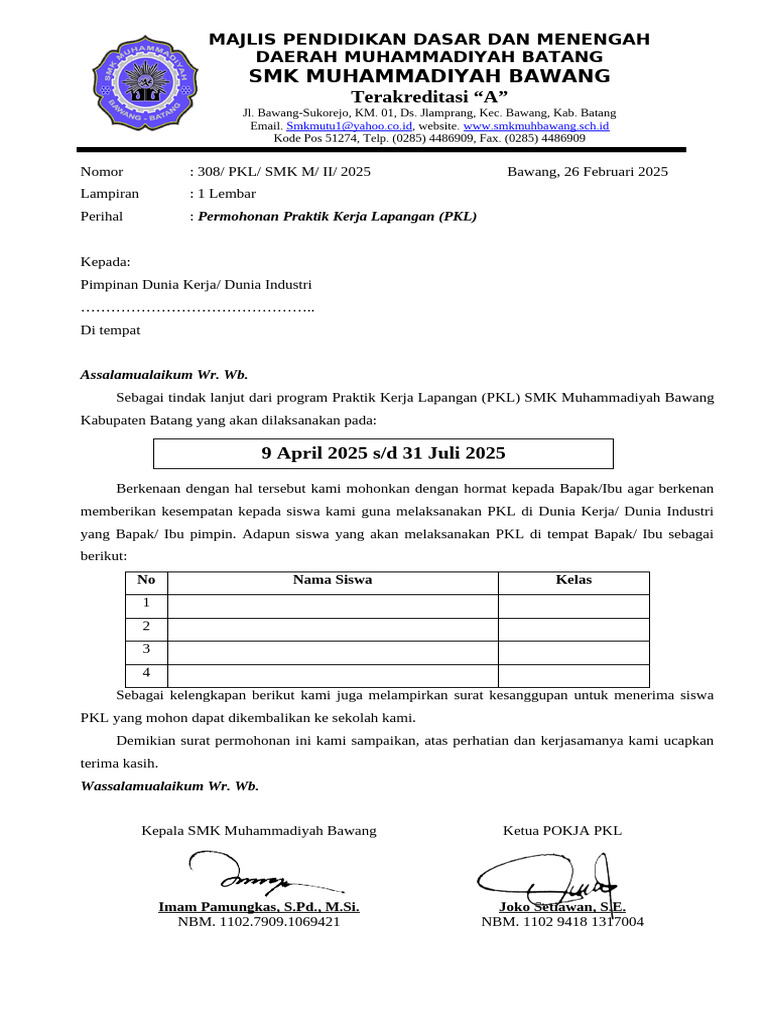 Surat Permohonan PKL | PDF