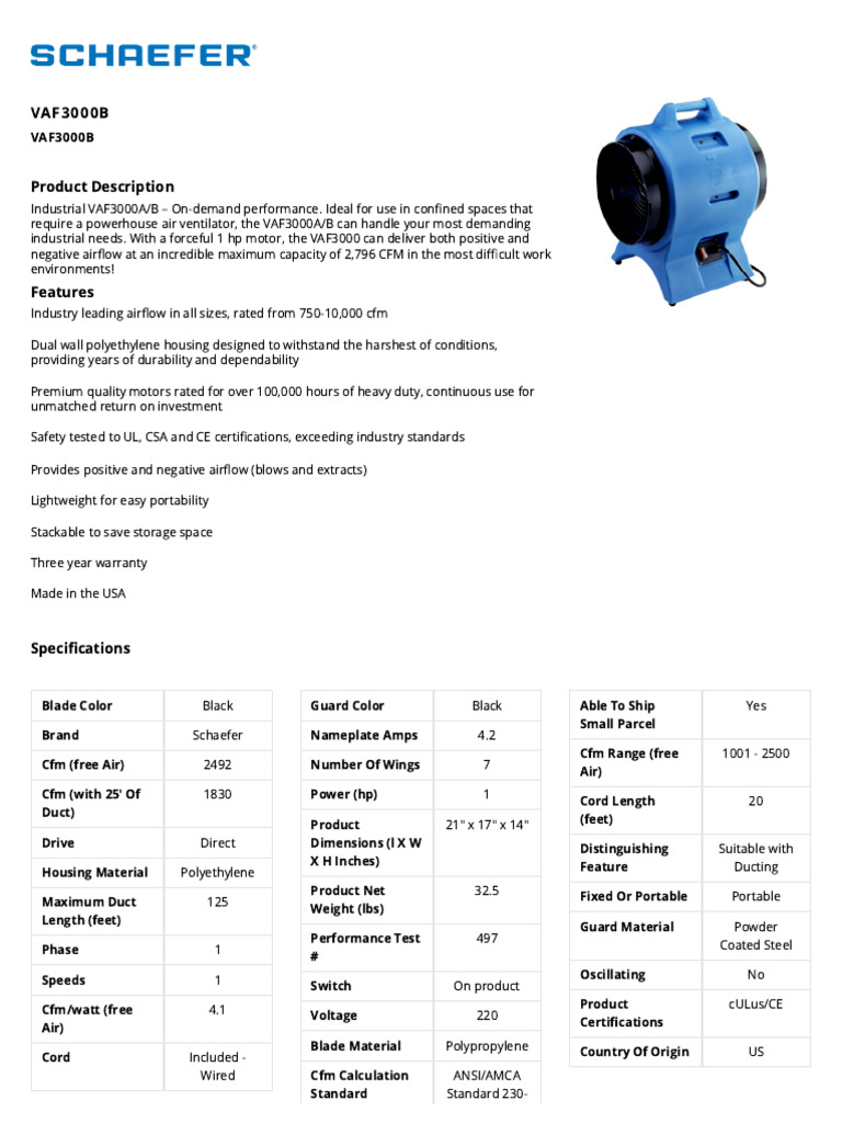 VAF3000B - Schaefer Ventilation | PDF | Duct (Flow) | Equipment