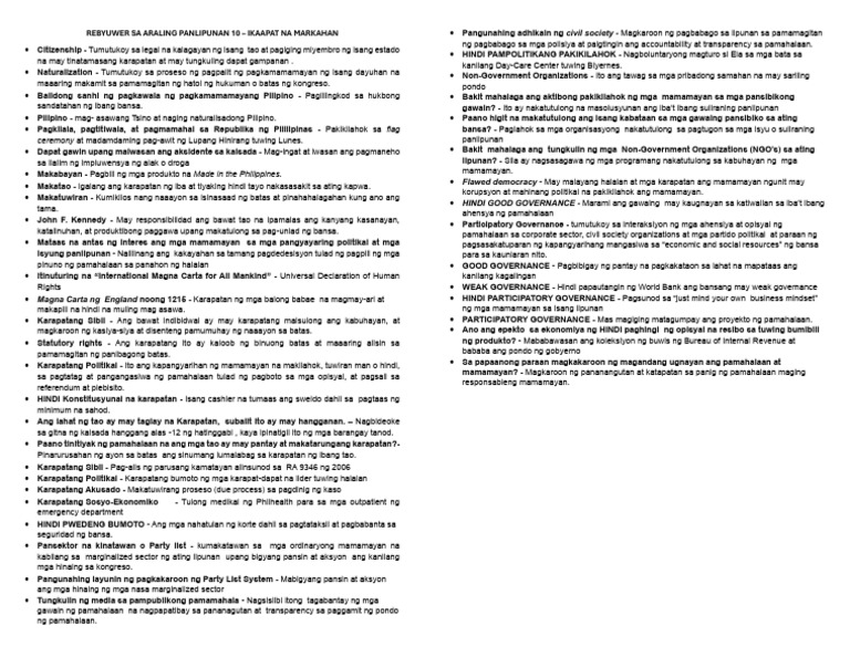 Rebyuwer Sa Araling Panlipunan 10 Ikaapat Na Markahan 2 | PDF