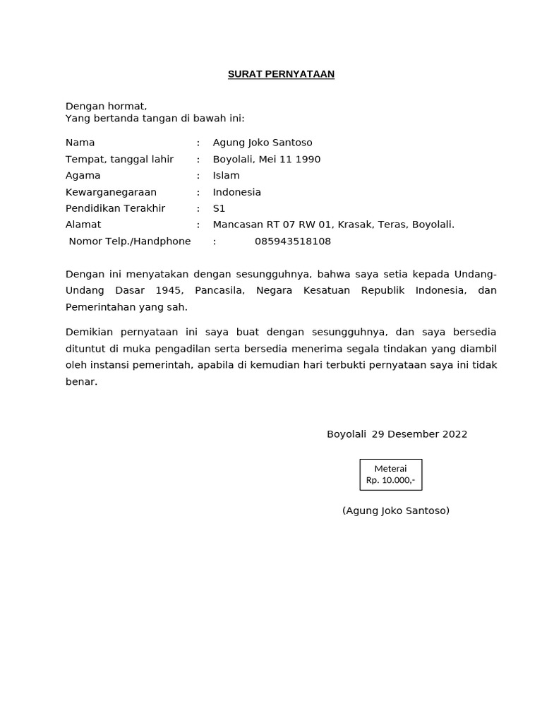 Contoh - Surat - Pernyataan - Setia - Kepada - UUD - 1945, - Pancasila ...