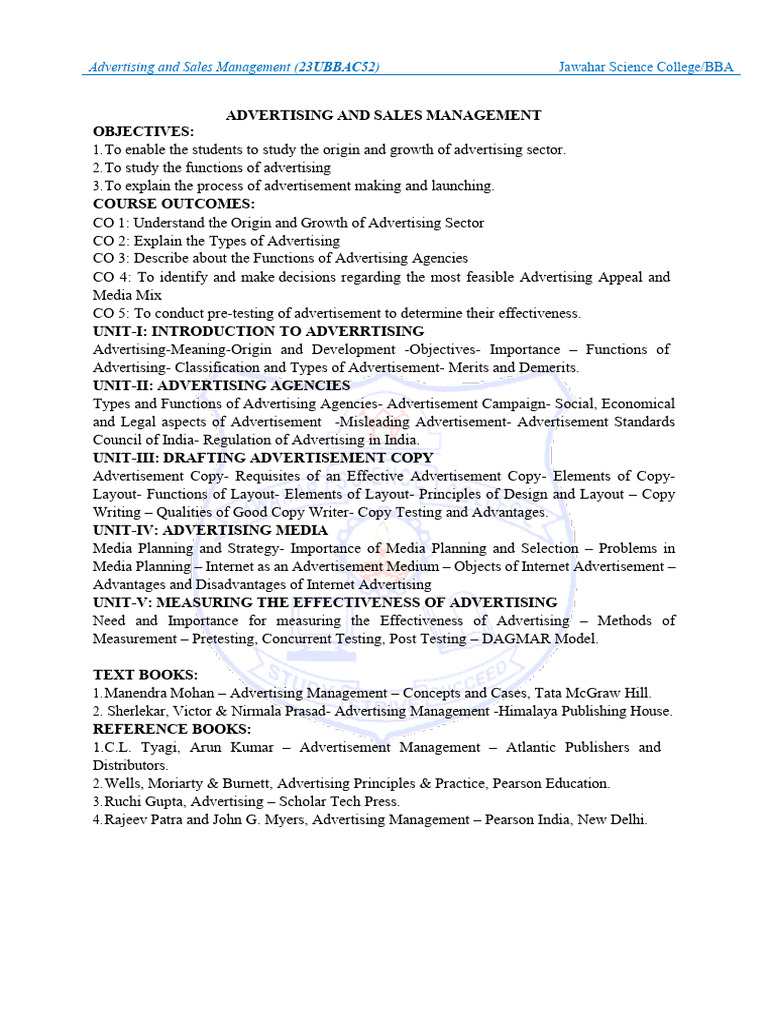 Advertising and Sales Management Course Overview | PDF | Advertising ...