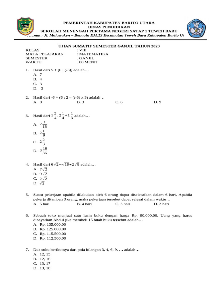 Contoh Soal MTK Kelas Viii | PDF