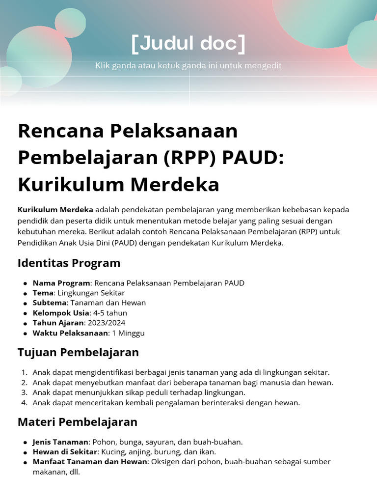 RPP PAUD Kurikulum Merdeka Usia 4-5 Tahun | PDF