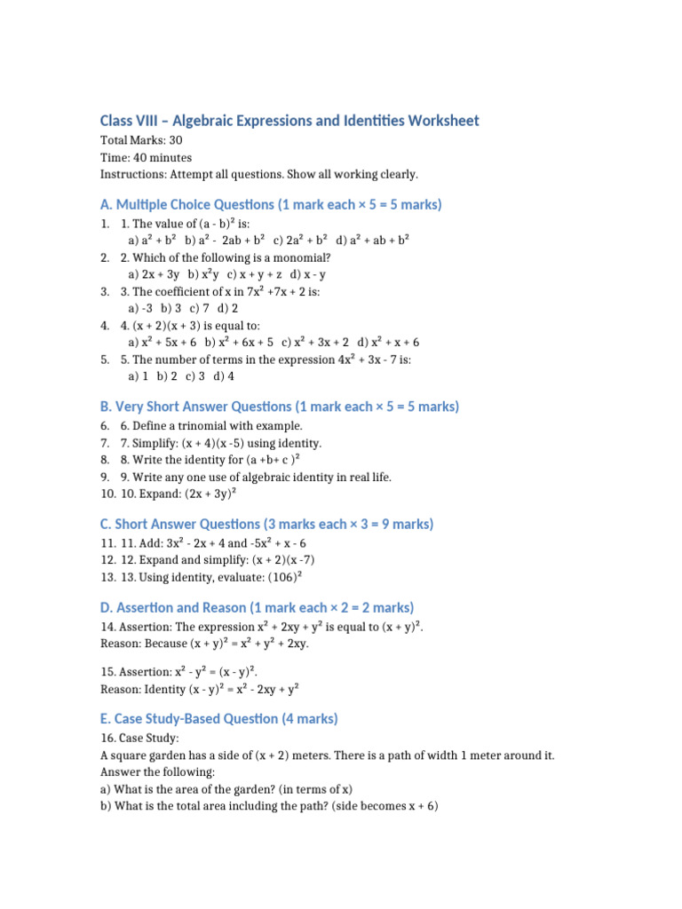 Class VIII Algebraic Expressions Worksheet | PDF