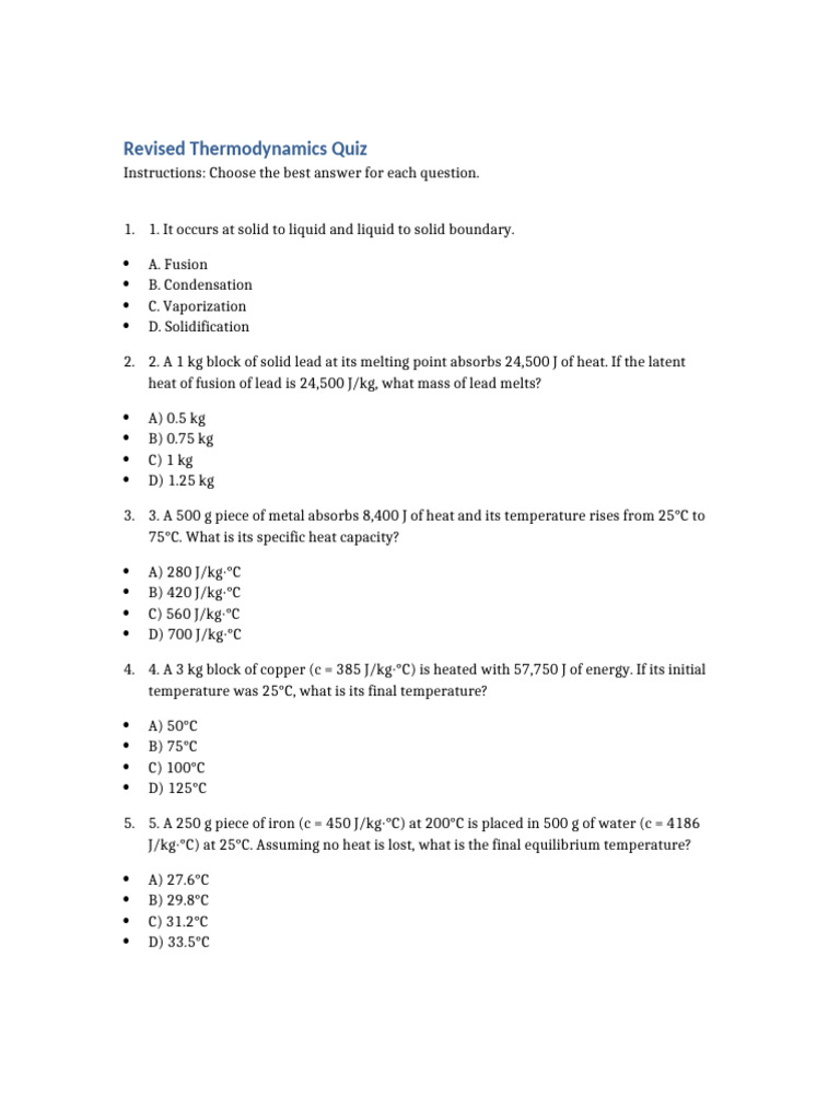 Thermodynamics Practice Quiz | PDF