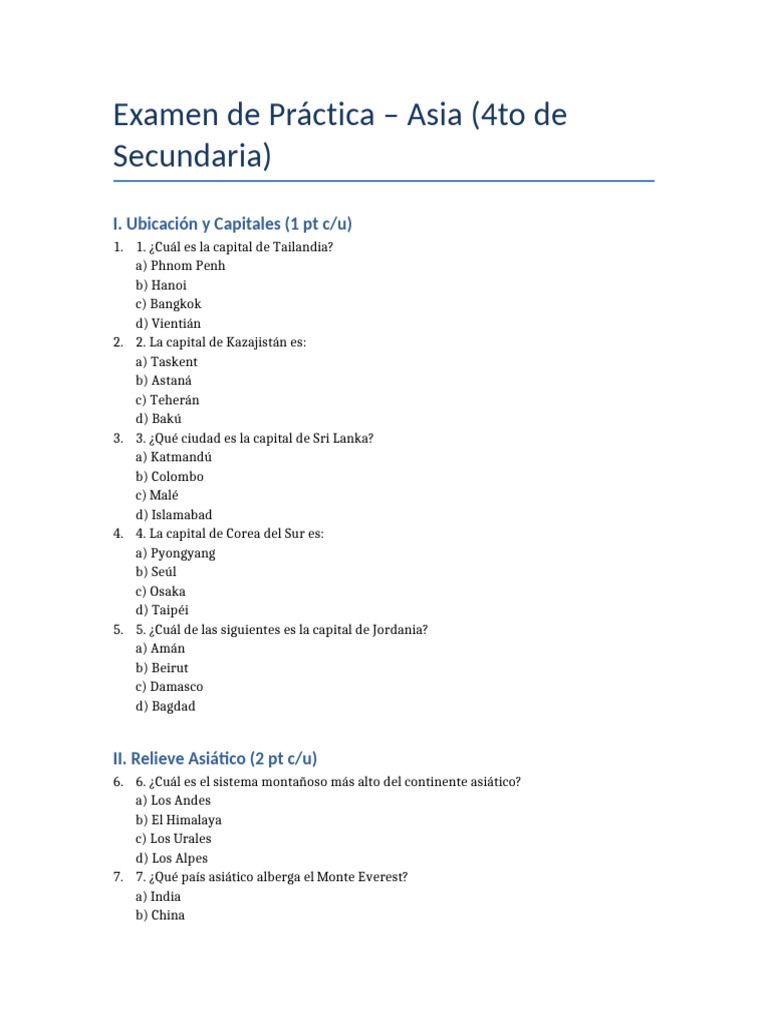 Examen Practica Asia 4tosecundaria | PDF