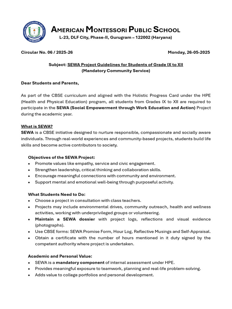 SEWA Project Guidelines for Grades IX-XII | PDF | Learning