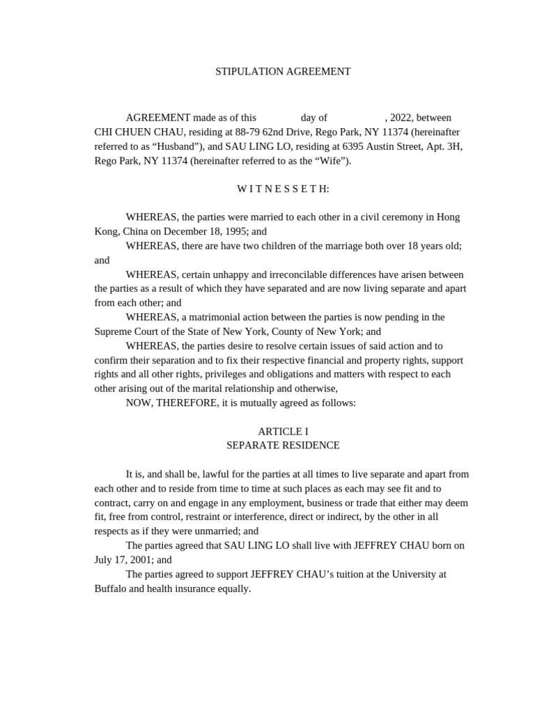 Stipulation Agreement For Property - Y22-10 | PDF | Alimony | Discovery ...