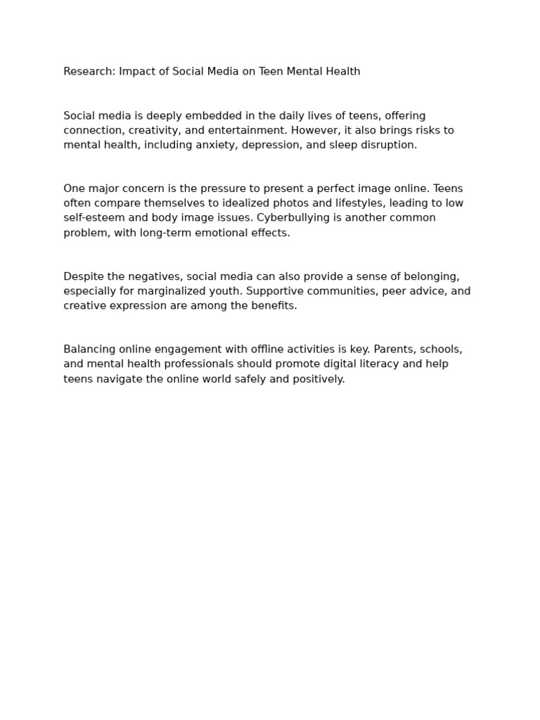 Research Impact of Social Media On Teen Mental Health | PDF
