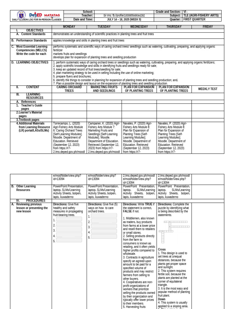 G6 Q1W5 DLL TLE - AGRI-FISHERY (MELCs) | PDF | Plants | Plant Nutrition