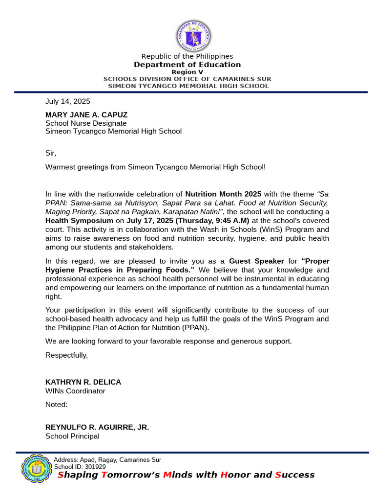 Communication Letter-Nutrition Month 2025 | PDF