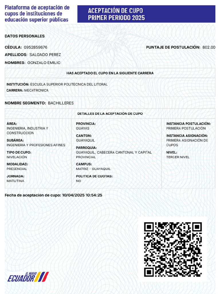 Comprobante Aceptacion Cupo | PDF