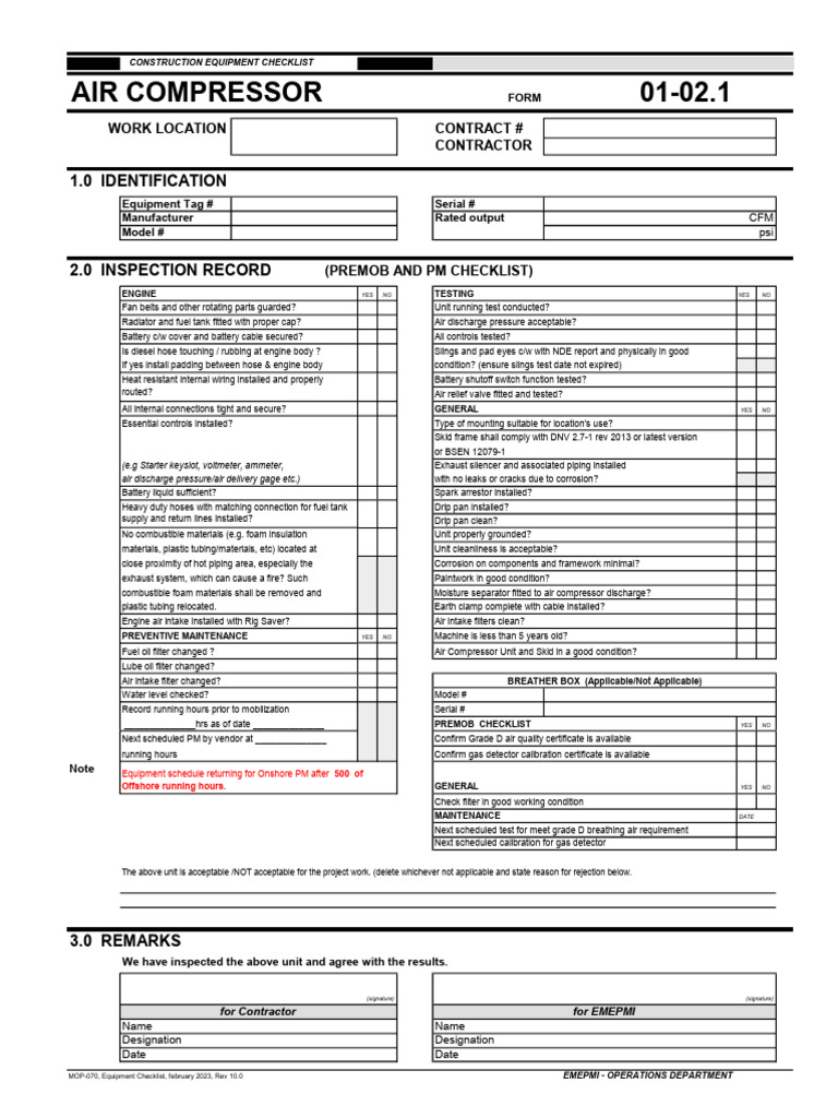 01-02 Air Compressor Checklist | PDF | Engines | Pipe (Fluid Conveyance)