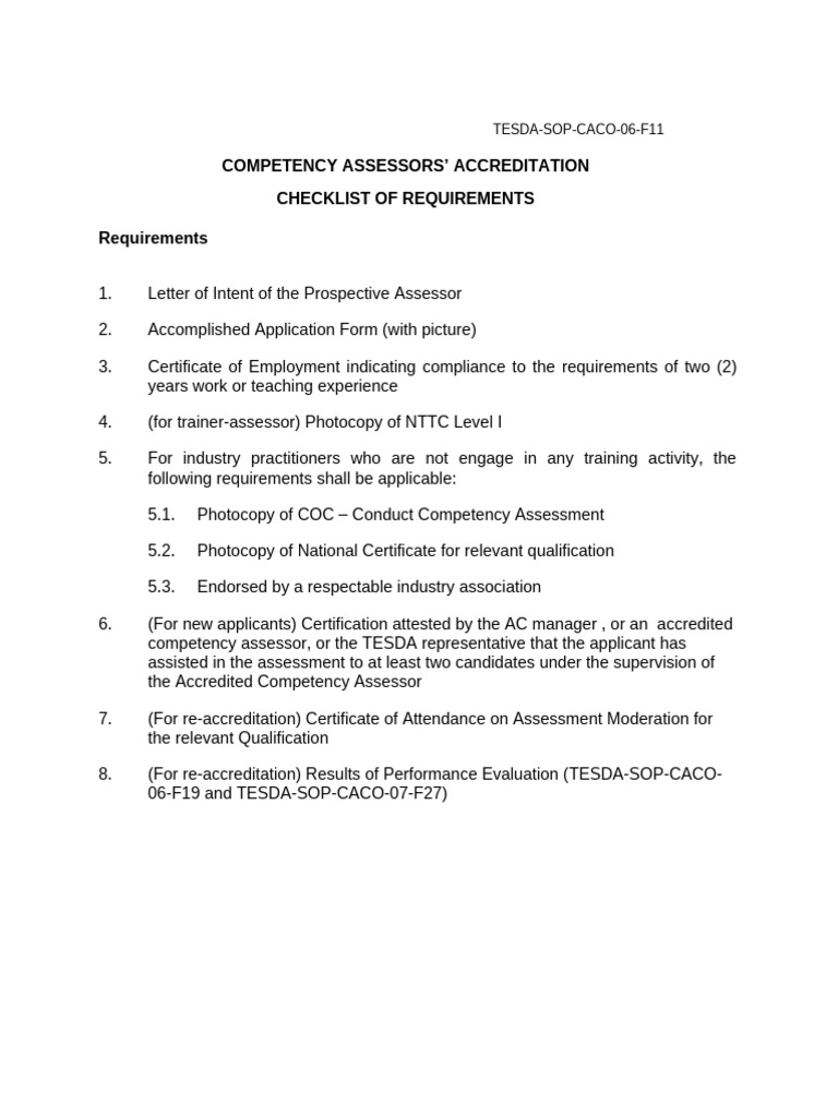 TESDA Assessor Accreditation Requirements | PDF