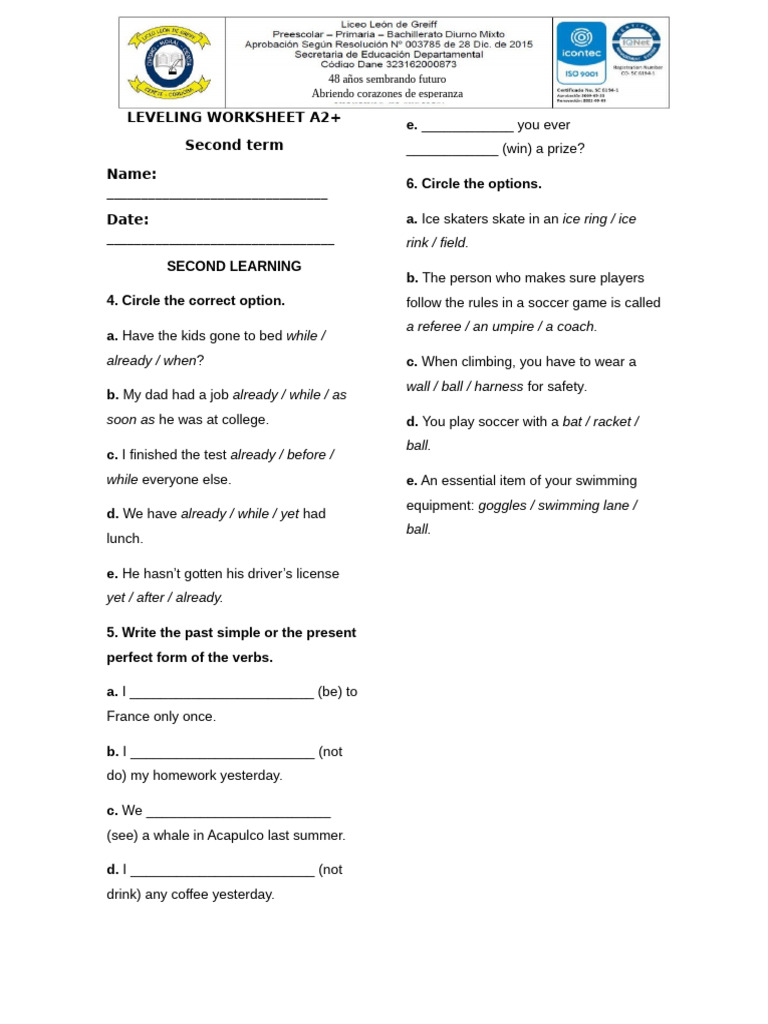 A2+ Level English Practice Worksheet | PDF