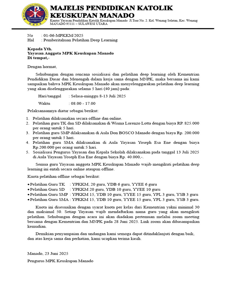 Surat Pemberitahuan Pelatihan Deep Learning MPK Keuskupan Manado | PDF
