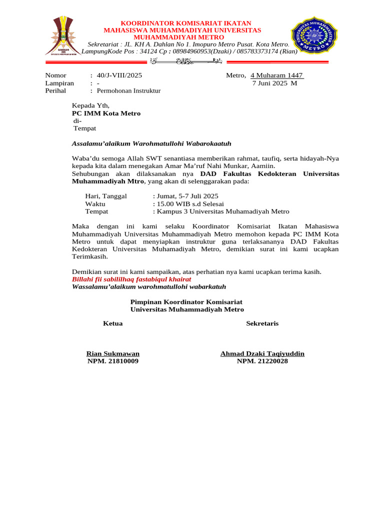 Surat Permohonan SK PK IMM FT | PDF