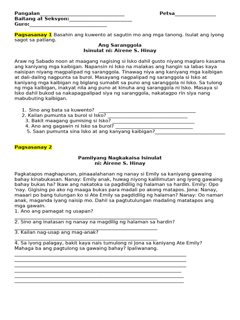 q1 Fil Work Sheet | PDF
