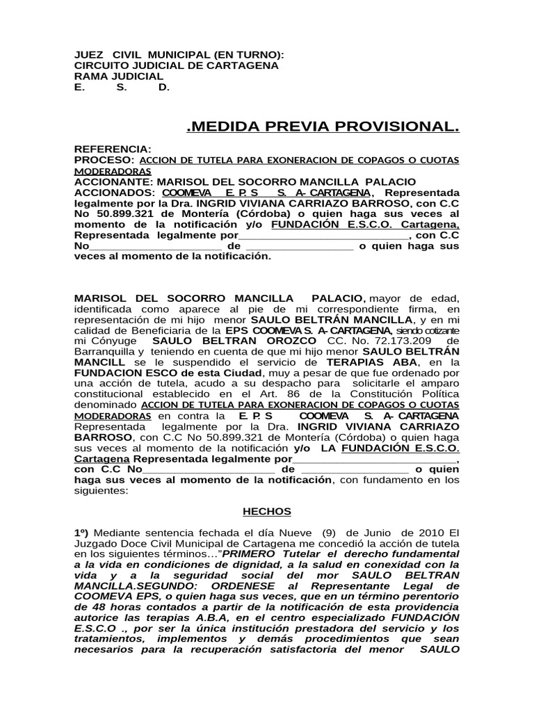 Ok. Accion de Tutela Contra Coomeva Marisol Mancilla Exhoneracio ...