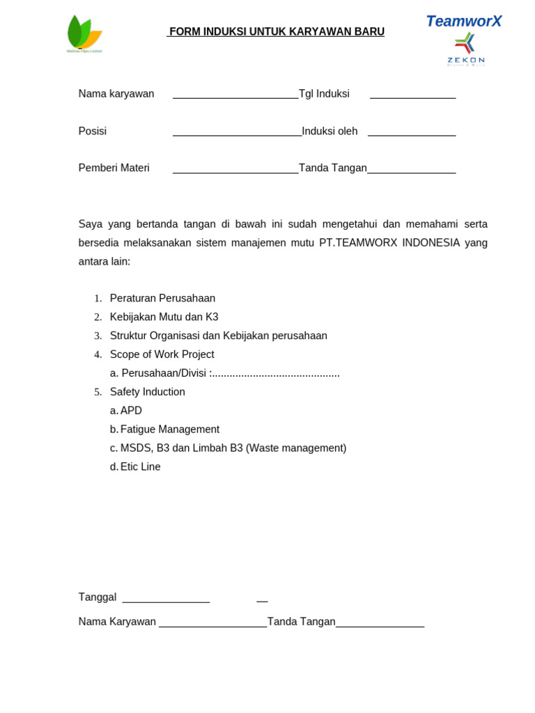 Form Induksi Karyawan Baru | PDF