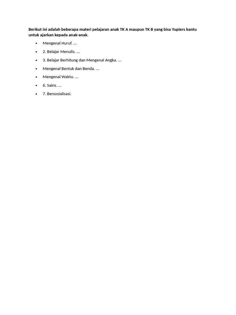 Materi Pembelajaran TK A dan B | PDF