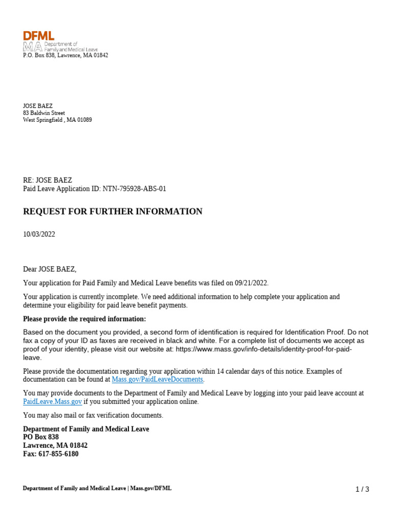 DFML Application Incomplete Notice | PDF