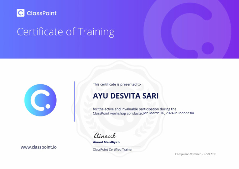 ClassPoint Certificate of Training - AYU DESVITA SARI | PDF