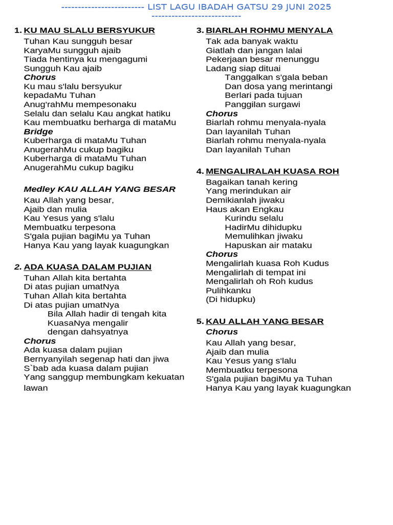 List Lagu Ibadah Gatsu 29 Juni 2025 | PDF