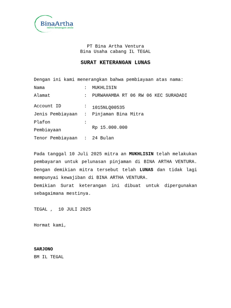 Surat Keterangan Pelunasan Pinjaman | PDF