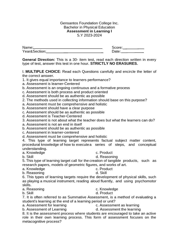 Physical Education Assessment Test 2023 | PDF | Educational Assessment ...