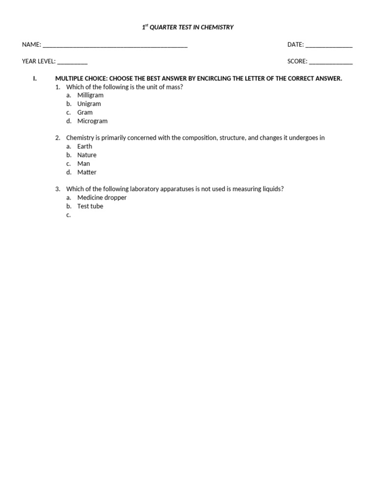 1st Quarter Test in Chemistry | PDF