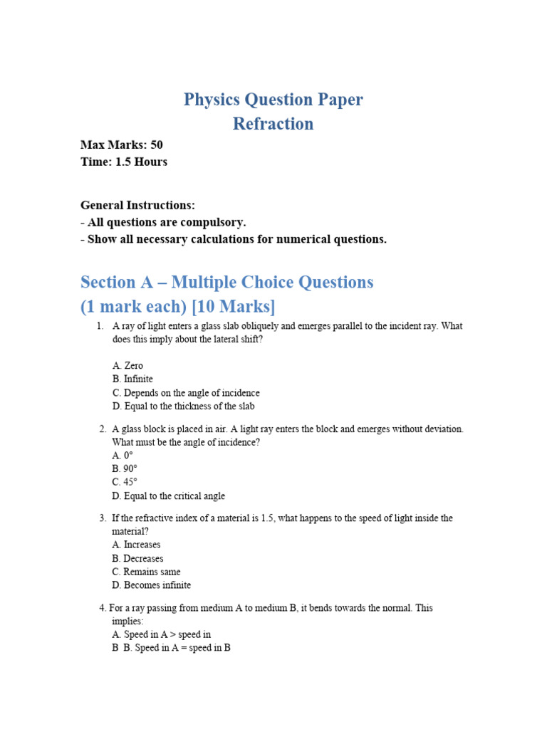 Physics Refraction Question Paper | PDF | Refraction | Refractive Index