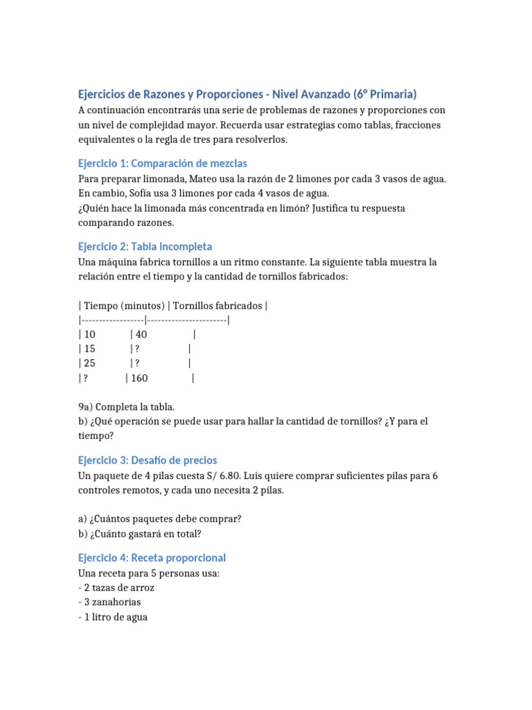 Ejercicios Avanzados de Razones y Proporciones | PDF