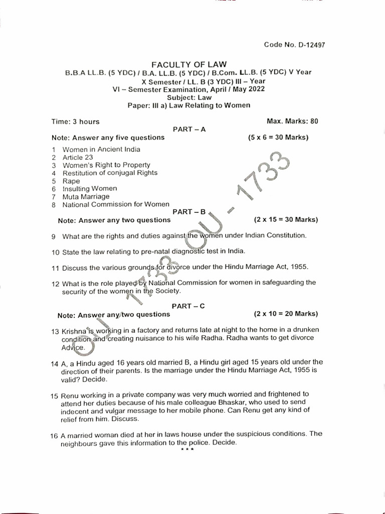 Law Relating To Women Question Paper 2 | PDF
