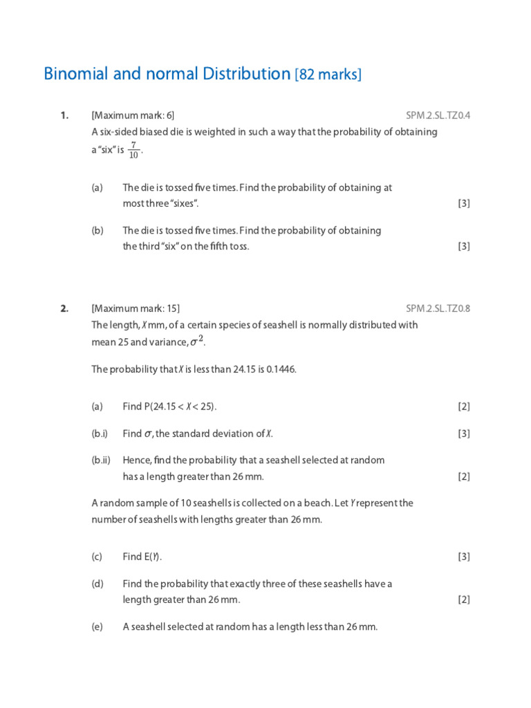Binomial & Normal Distribution Problems | PDF | Normal Distribution ...