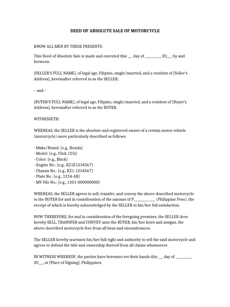 Motorcycle Deed of Absolute Sale Sample | PDF | Natural Resources Law ...