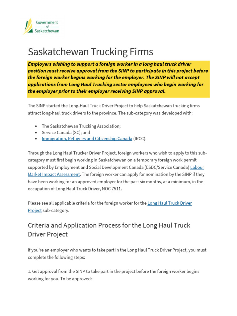 Saskatchewan Long-Haul Truck Driver Program | PDF | Truck Driver ...
