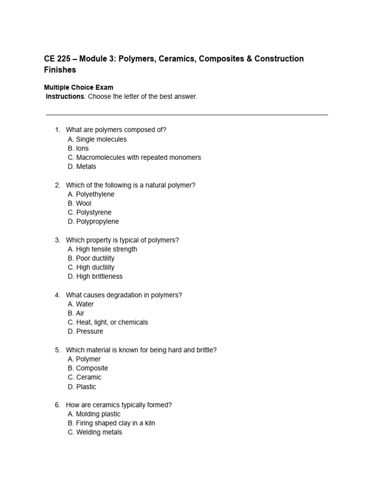 CE 225 - Module 3 - Polymers, Ceramics, Composites & Construction ...