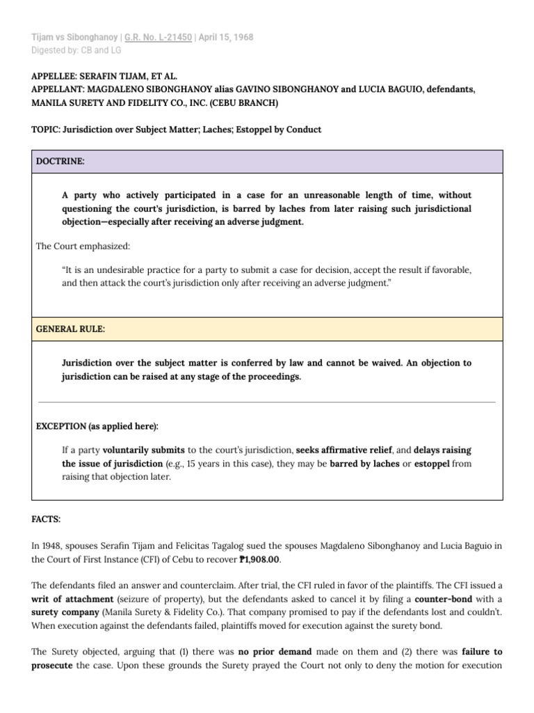 Tijam Vs Sibonghanoy 23 SCRA 29 | PDF | Laches (Equity) | Lawsuit