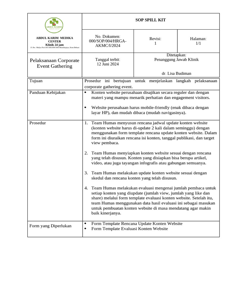 Sop Humas Klinik Abdul Karim Medika Center | PDF