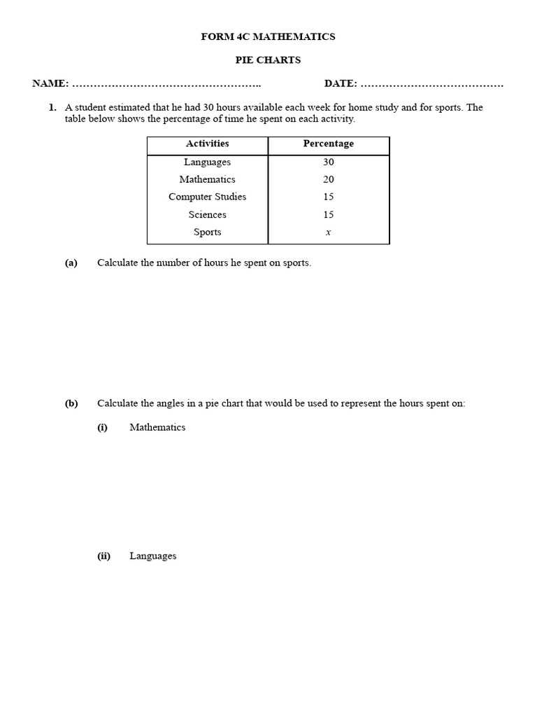 Pie Chart Practice Worksheet | PDF