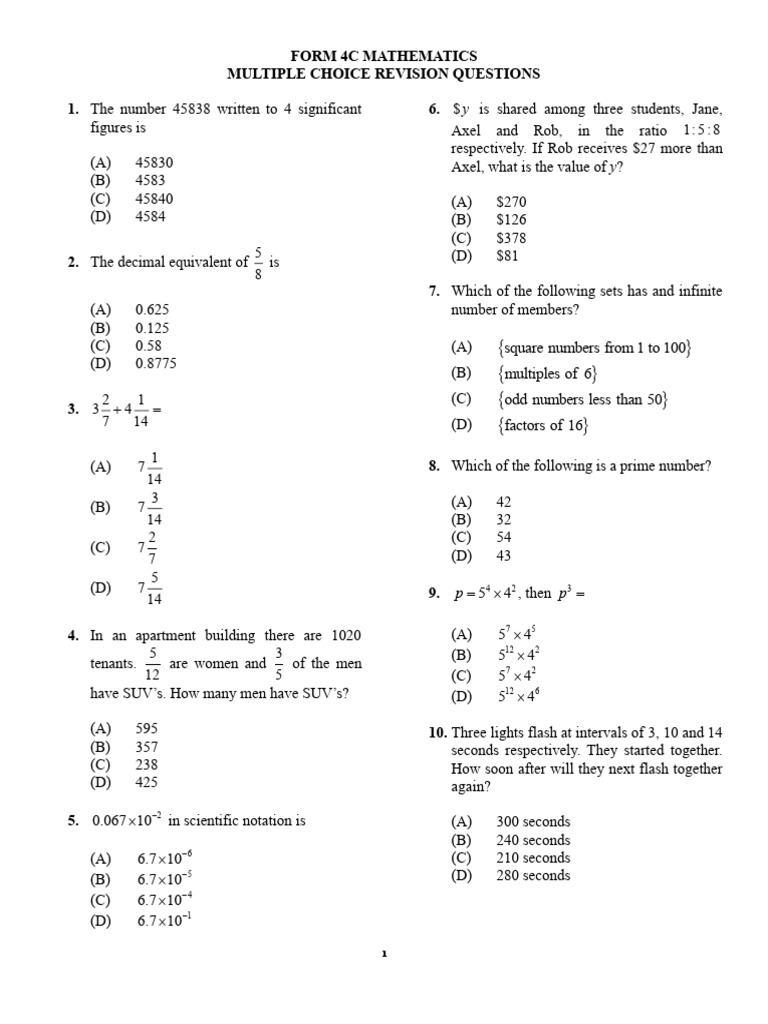 Form 4C Math MCQ Revision Guide | PDF | Rectangle | Numbers