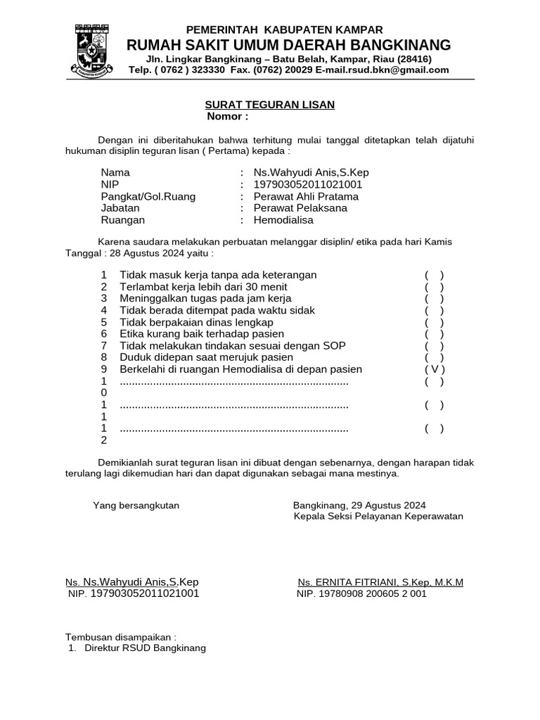 Surat Teguran Lisan Perawat RSUD Bangkinang | PDF