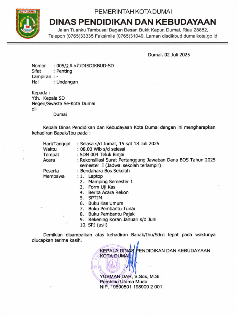Undangan Rekonsiliasi Surat Pertanggung Jawaban Dana BOS Tahun 2025 Semester I | PDF