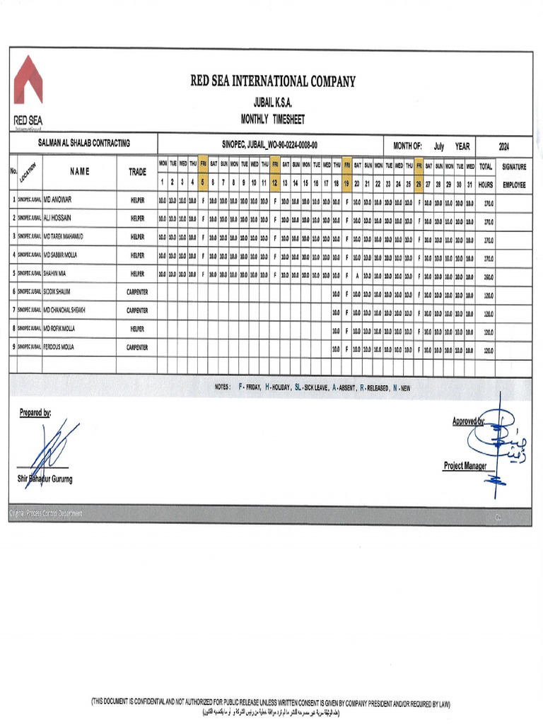 Salman Ali Manpower Time Sheet July 2024 Sinopec | PDF