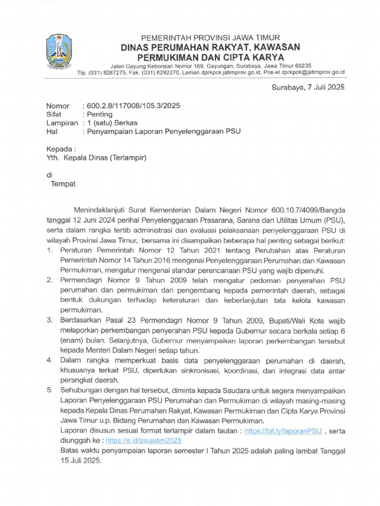 Surat Penyampaian Laporan Penyelenggaraan PSU | PDF