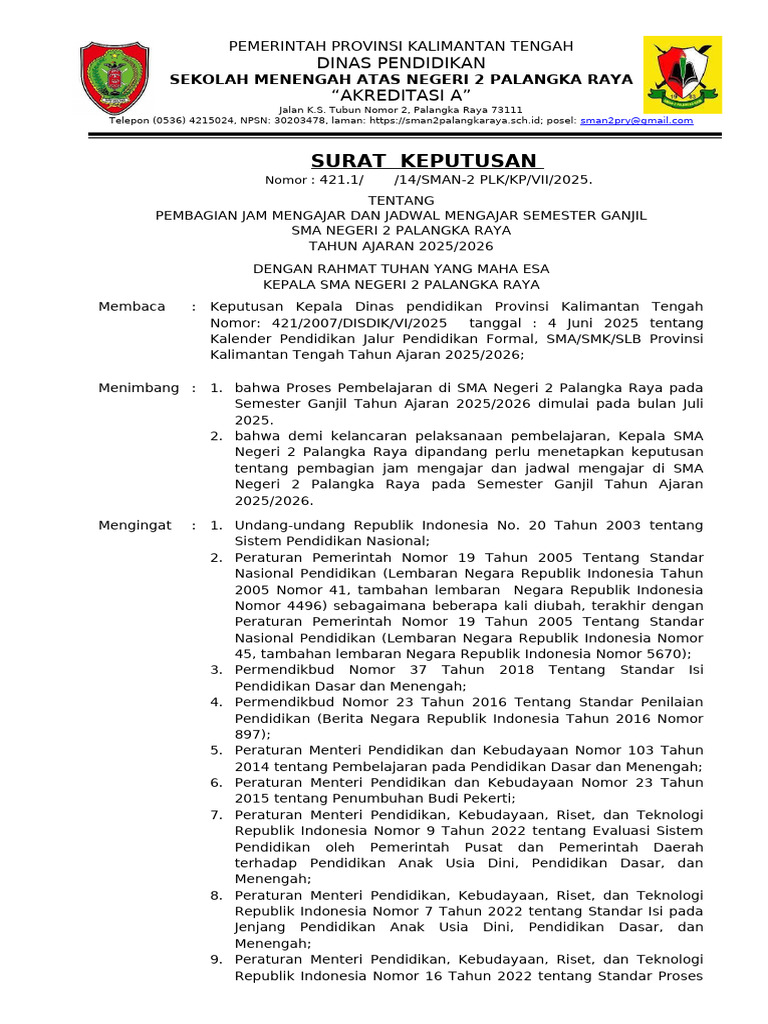 SK Pembagian Jam Mengajar Ganjil 2025-2026 | PDF